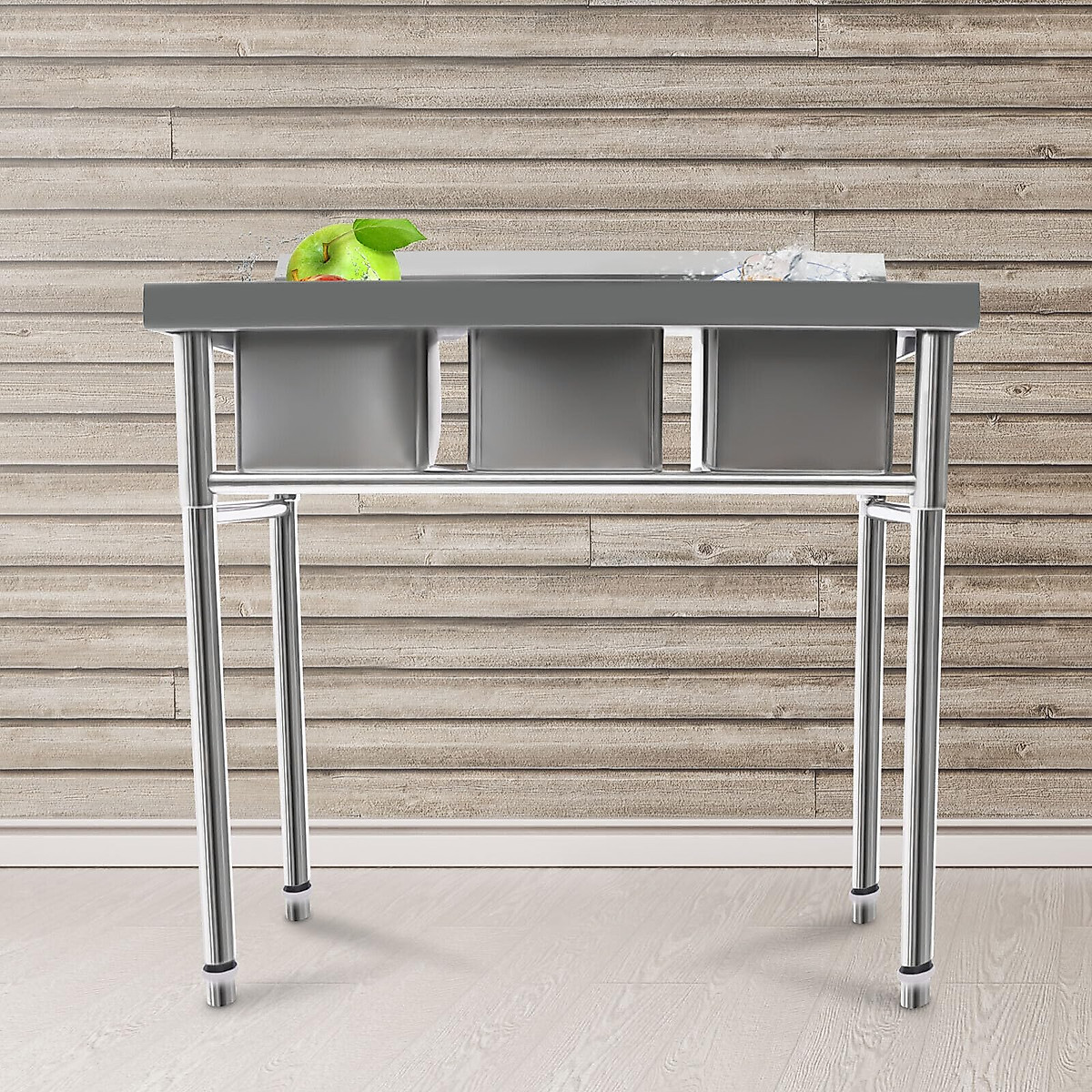 TFCFL Utility Commercial Stainless Steel Sink with 3 Drains Wash Basin for Catering Kitchen Catering Sink Commercial Stainless Steel Sink Wash Basin w/ 3 Deep Sinks