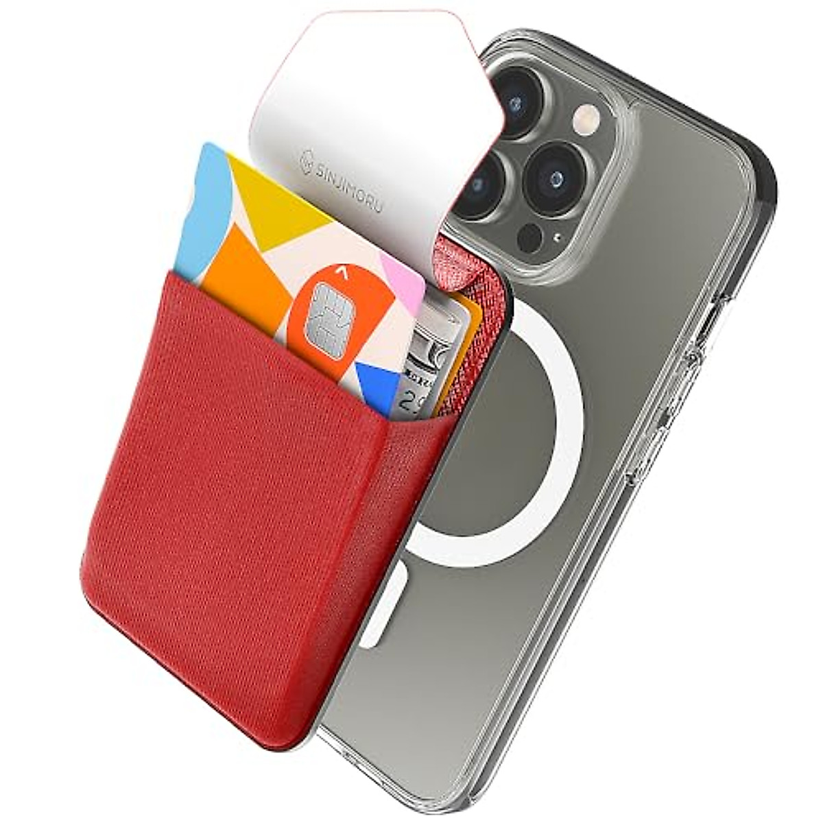 Sinjimoru Privacy Cover Magnetic Card Holder, Magnetic Phone Wallet Stick on as Credit Card Holder Compatible with iPhone 16 15 14 13 12 Series. M-Flap Red