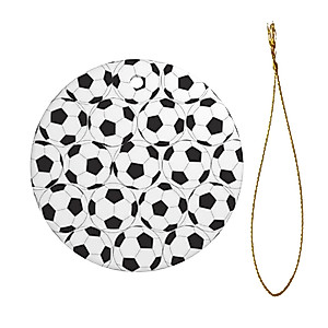 Black and White Soccer Ball Pattern Print Christmas Tree Ceramic Hanging Round Shaped Xmas Tree Pendants Gatherings Party Deco