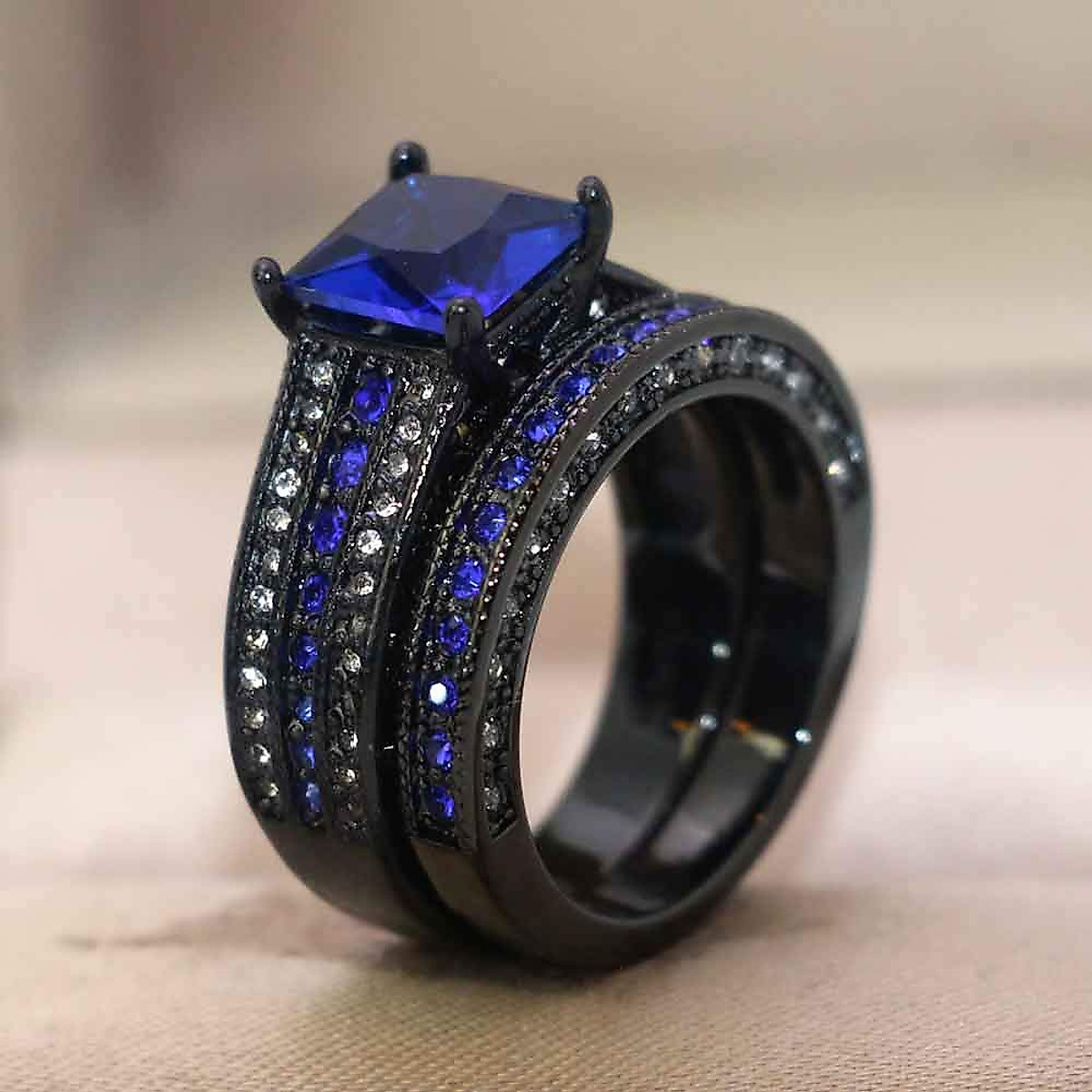 ringheart 2 Rings Luxury Couple Rings Black Gold Filled Princess Cut Blue Cz Womens Wedding Ring Sets Man Tungsten Wedding Band (Please Buy Two Rings for one Pair)