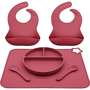Baby Self Feeding Utensils Set, Toddler Led Weaning Feeding Supplies -Adjustable Silicone Bibs, Silicone Suction Divided Plate with Silicone Placemat,Spoon,Fork - Aids Self Feeding Kit (Warm Pink)