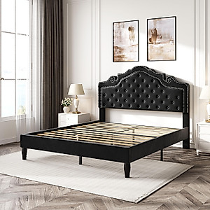 SHA CERLIN Queen Bed Frame with Adjustable Headboard/Velvet Upholstered/Diamond Button Tufted and Metal Studs/No Box Spring Needed/Wood Slat Support/Easy Assembly/Black