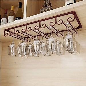 Under Cabinet Wine Hanging Shelves 5 Slots,Vintage Wine Glass Rack,Organizer Storage Cup,Goblet Drying Shelf,Stemware Holder for Home Bar,Holds up to 10-15 Glasses( Bronze) - MZGH ISLAND