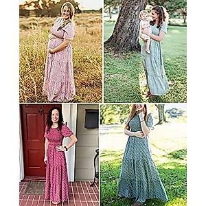 Zattcas Womens 2023 Spring Summer Smocked Tiered Boho Floral Long Maxi Dresses Casual Short Sleeve Modest Flowy Church Maternity Wedding Guest Dress Light Green M