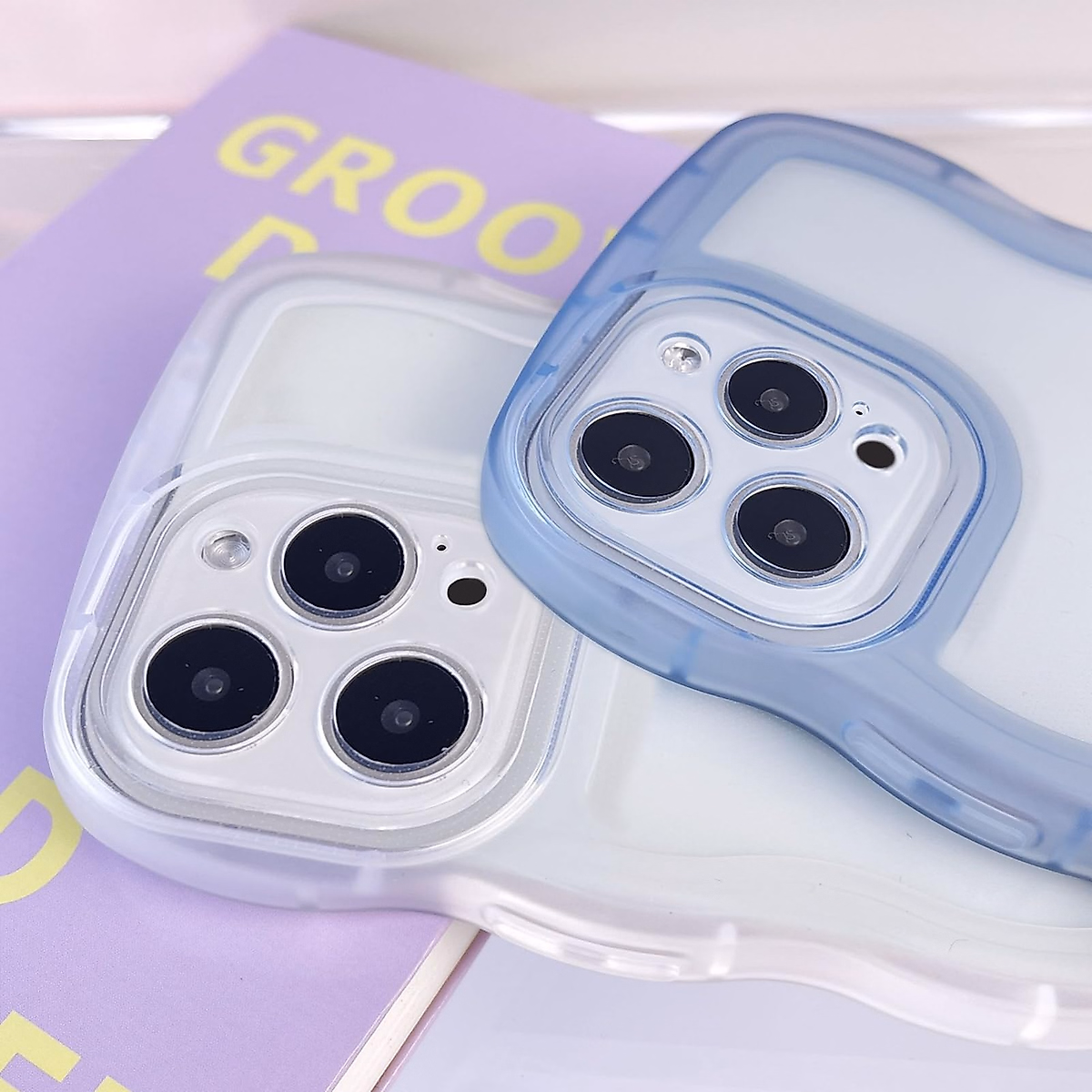 Eiyikof Compatible with iPhone 13 Pro Max Clear Case,Cute Solid Color Curly Wave Frame Transparent Soft Silicone Anti-Scratch Shockproof Protective Slim Case for Women Girls-Purple