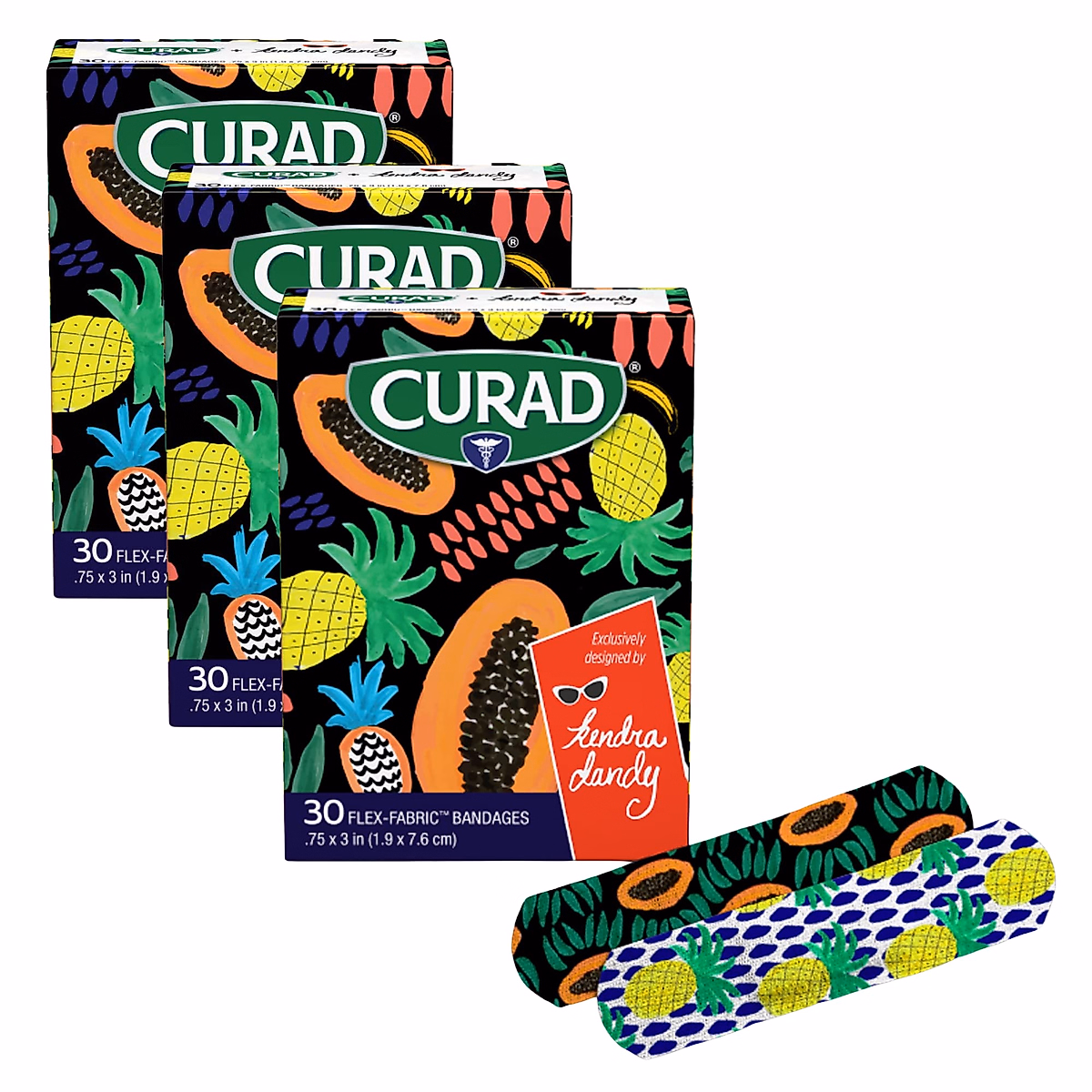 Curad Kendra Dandy Designer Adhesive Fabric Bandages (90 Count), 2 Colorful Patterns - Pineapples and Papayas, First Aid Bandages are .75" x 3", 30 Count Boxes (3 Pack)