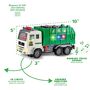 Zetz Brands Toy Garbage Truck for Kids with 4D Lights and Sounds - Battery Operated Automatic Bump & Go Car - Sanitation Truck Stickers