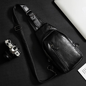 Leather Small Sling Bag,Crossbody Shoulder Bag for Men Women PU Leather Travel Cycle Hiking Daypack (Black)