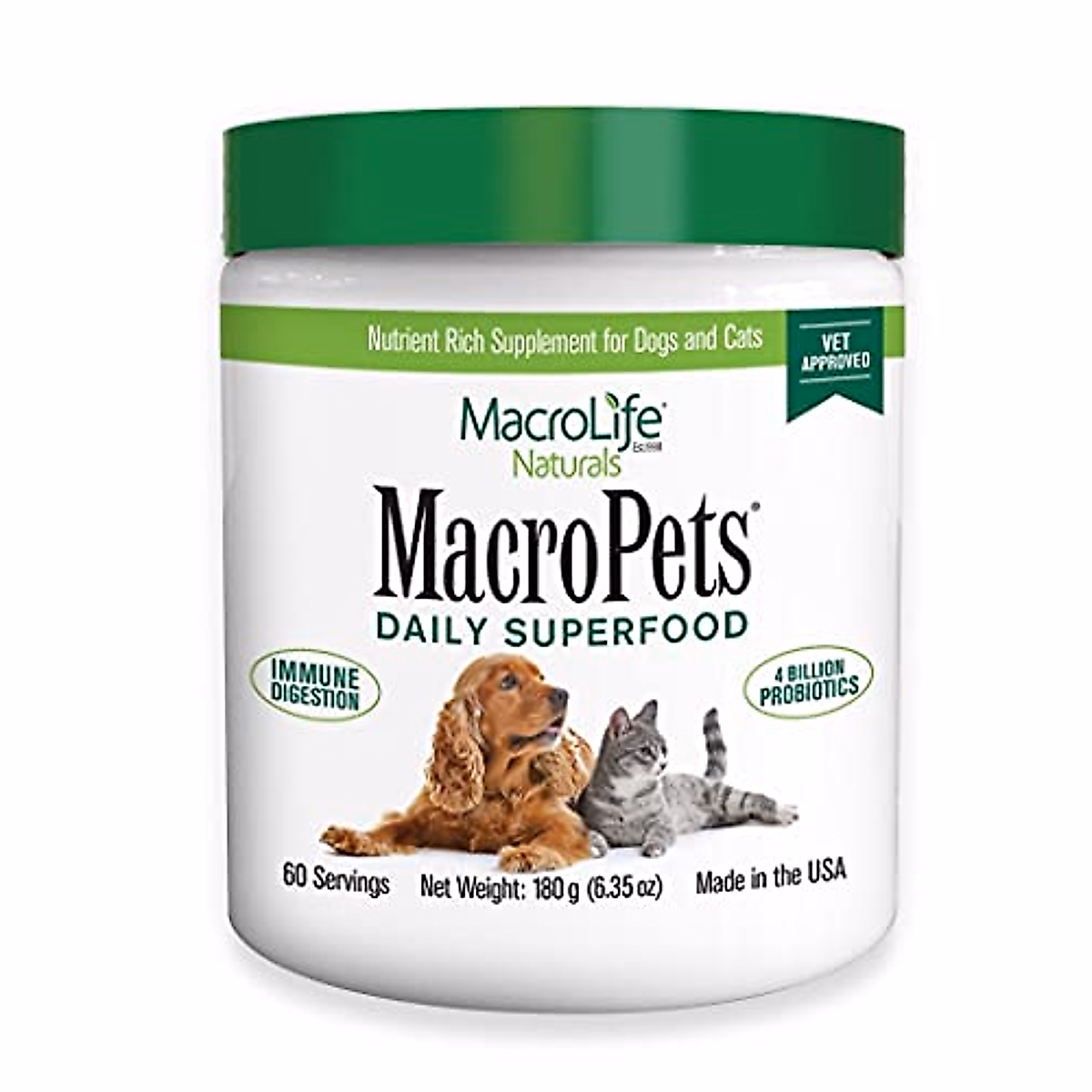 MacroLife Naturals MacroPets Greens Superfood Supplement Powder Topper for Dog Cat Small Mammal, Natural Nutrition Boost Probiotics Digestive Enzymes Vitamin E - Immune Gut Health & Energy - 6.35oz
