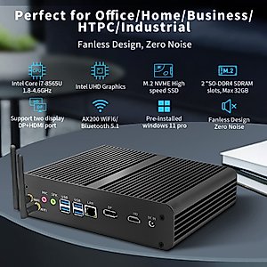 Fanless Mini PC, Kinupute Desktop Computer i7-8565U 1.8-4.6GHz, Windows 11 Pro, 16G DDR4, 256G M.2 SSD, Iris Xe Graphics, HDMI/DP, Dual Display, 4K@60Hz, Gigabit Ethernet, BT5.1, WiFi 6, Auto Power On