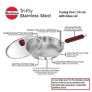 HAWKINS Triply 3 mm Stainless Steel Frying Pan 26 cm with Lid, 1 LTR, Silver (SSF26G)