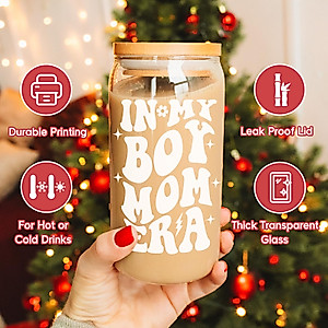 Fairy's Gift Boy Mom Iced Coffee Cup, Cute Boy Mom Gifts, 16 oz Coffee Glass Cups with Lids Straws - in My Boy Mom Era - Boy Mom Christmas, Boy Mama Birthday Gifts - Gifts for New Mom, Expecting Mom