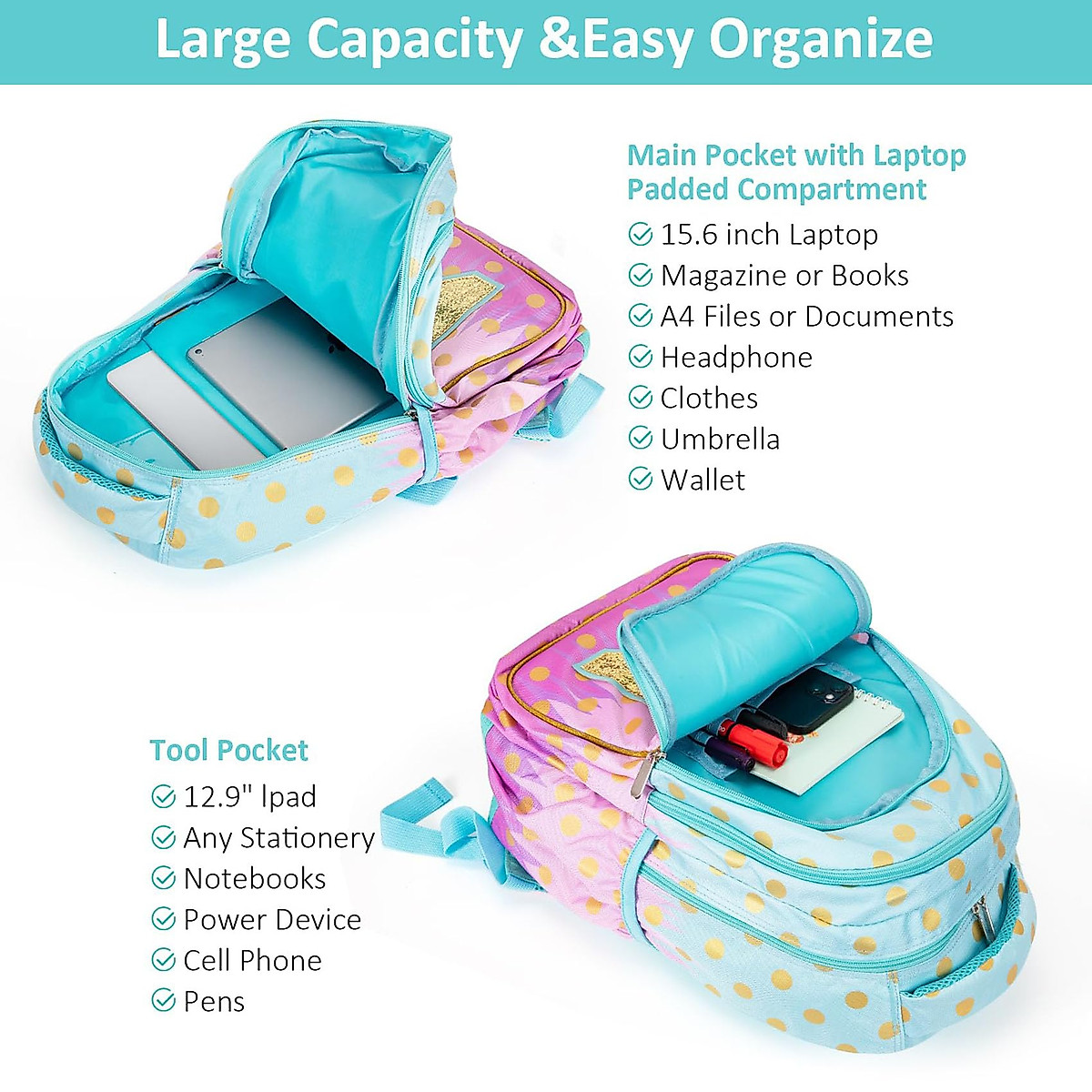 SARHLIO Kids Backpack 16" for Girls with Pencil Case Ball Pendant Cute Bookbag Lightweight Durable Water Resistant School Backpack Set for Elementary School Outdoor Travel Sequin Tower(BPK36C)