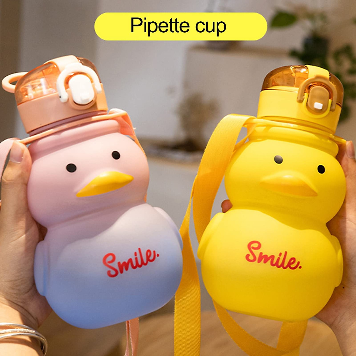 ZTGD Cute Water Bottle 650ml for Student,Lady,Kid,Kawaii Leakproof Duck Water Cup with Straw Lock Design Suspender One Key Open and Transparent Lid Pink