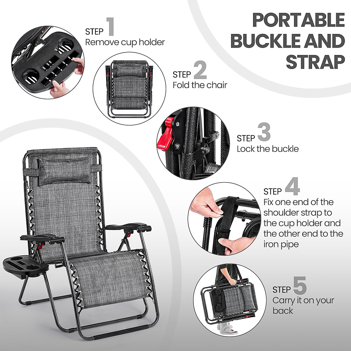 Yaheetech 29inch Zero Gravity Chairs w/Pillows & Cup Holder & Carry Strap Outdoor Patio Adjustable Foldable Reclining Lounge Recliners for Lawn Poolside Beach Gray/2