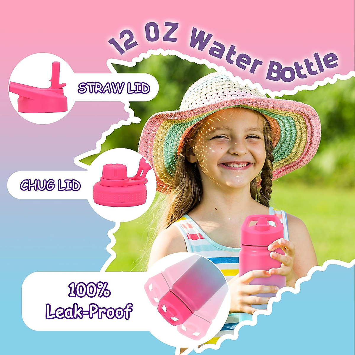 Mininoo Insulated Kids Water Bottle, 12 oz Stainless Steel Water Bottle Kids with Straw Lid and Chug Lid for Girls, Boys (Punch/Green)