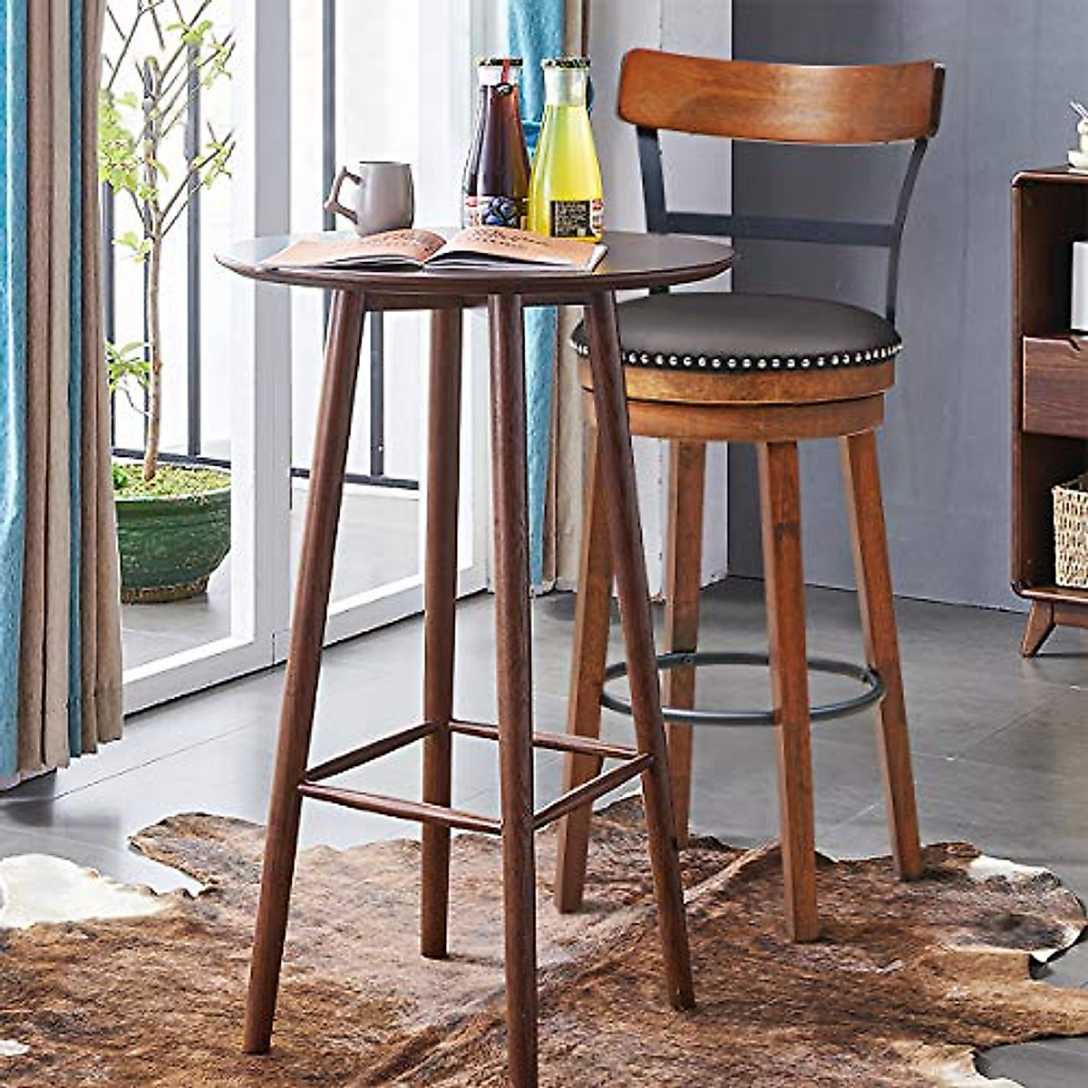 COSTWAY Bar Stools Set of 2, 360-Degree Swivel Stools with Leather Padded Seat, Single Slat Ladder Back & Solid Rubber Wood Legs, Bar Height Stools for Pub, Restaurant, Kitchen, Brown (2, 30.5)
