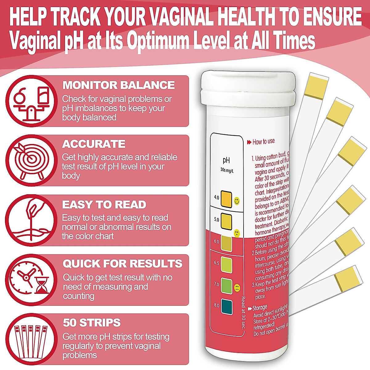50ct Vaginal pH Test Strips for Women, Easy to Use for Quick & Accurate Results - pH Balance Test Strips for Women to Monitor Feminine Hygiene & Detect Any Imbalances, Easy to Read Results