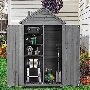 nifoti Outdoor Tool Shed Wooden Storage Cabinet,2-Door Garden Shed with 3 Detachable Shelves and Locking Latch,Outdoor Shed Box with Pitched Roof for Garden,Backyard,Manor (Grey)
