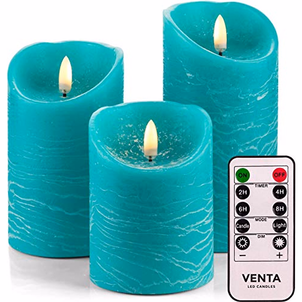 Set of 3 Realistic Flameless Turquoise LED Candles with Remote Control - 4'' 5'' 6'' Electric Wickless Pillar Battery Operated Candles with Flickering Flame Timer