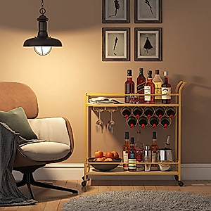 Lifewit Bar Cart, Home Bar Serving Cart, 2 Tier Drink Cart with 9 Wine Bottle Racks, Liquor Beverage Cart for Kitchen Dining Living Room Outdoor, 31.5" x 13" x 34.6", Gold
