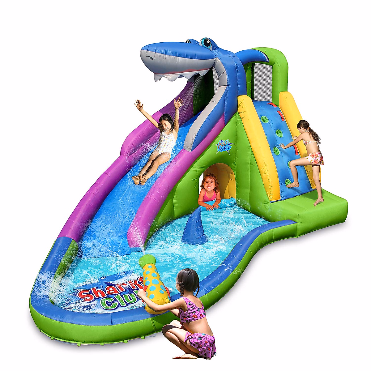 ACTION AIR Inflatable Water Slide, Shark Bounce House with Slide for Wet and Dry, Playground Sets for Kids Backyard, Water Spray & Water Pool, Durable Sewn with Extra Thick Material