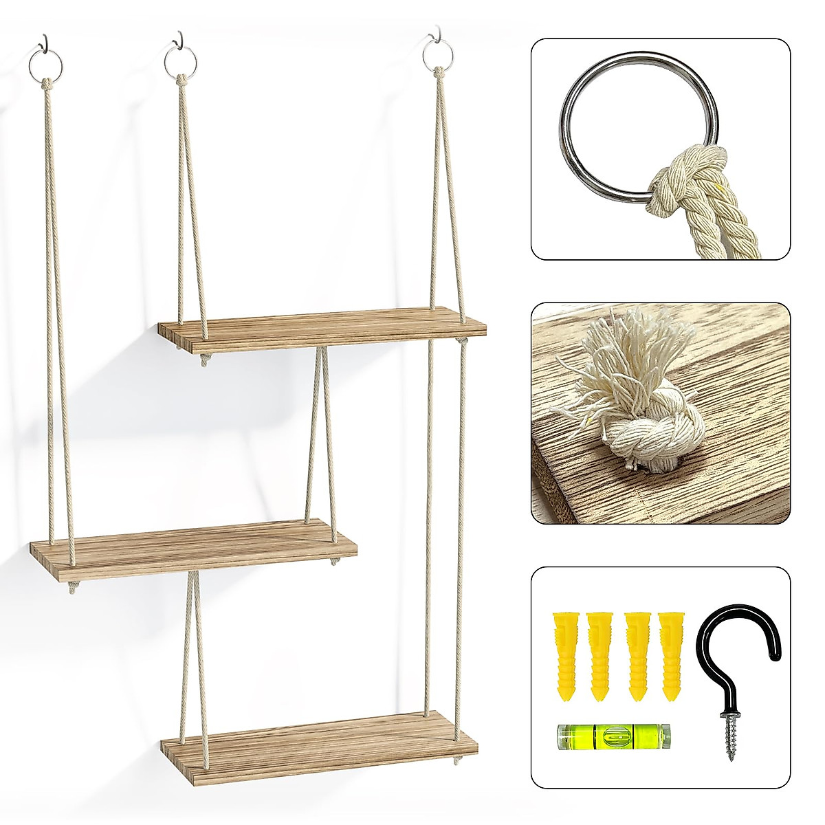 Fixwal Hanging Shelves for Wall, 3 Tier Boho Wall Decor Plant Rack Floating Shelves Rope Rustic Wood Organizer Storage Hanger for Aesthetic Home Bedroom Kitchen Bathroom- Rustic Brown