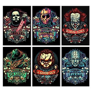 AOKLLA Diamond Painting Kits for Adults Clearance, 6 Pack Halloween Diamond Art Kits for Kids, DIY 5D Round Full Drill Crafts Diamond dots Home Wall Decor Gifts Horror Movie (12x16inch)