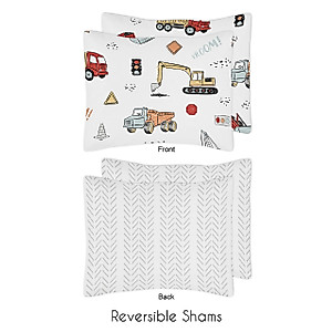 Sweet Jojo Designs Construction Truck Boy Full/Queen Size Kid Childrens Bedding Comforter Set - 3 Pieces - Grey Yellow Orange Red and Blue Transportation Chevron Arrow