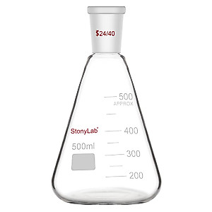 StonyLab Glass 24/40 Erlenmeyer Flask, Borosilicate Glass Heavy Wall Flask with 24/40 Standard Taper Outer Joint, 500ml
