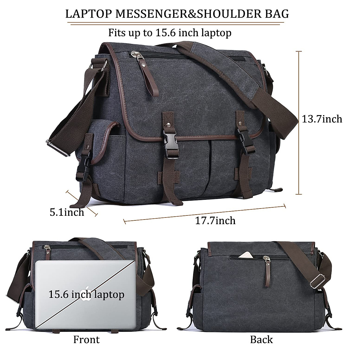 Vintage Canvas 15.6 inch Laptop Messenger Bag for Men Women, College Computer Satchel Shoulder Bag Travel Work Office Briefcases (Black)