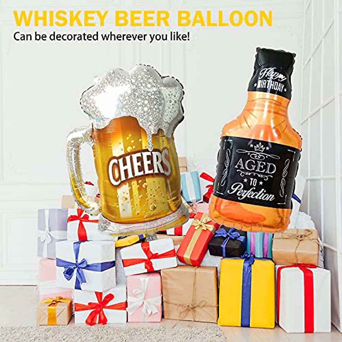 BIEUFBJI Whiskey Bottle Beer Cup Balloons Set of 4 Whiskey Bottle Beer Mug Super Shape Mylar Foil Balloon for Bar Summer Party Beer Festival Birthday Party Party Decoration Supplies