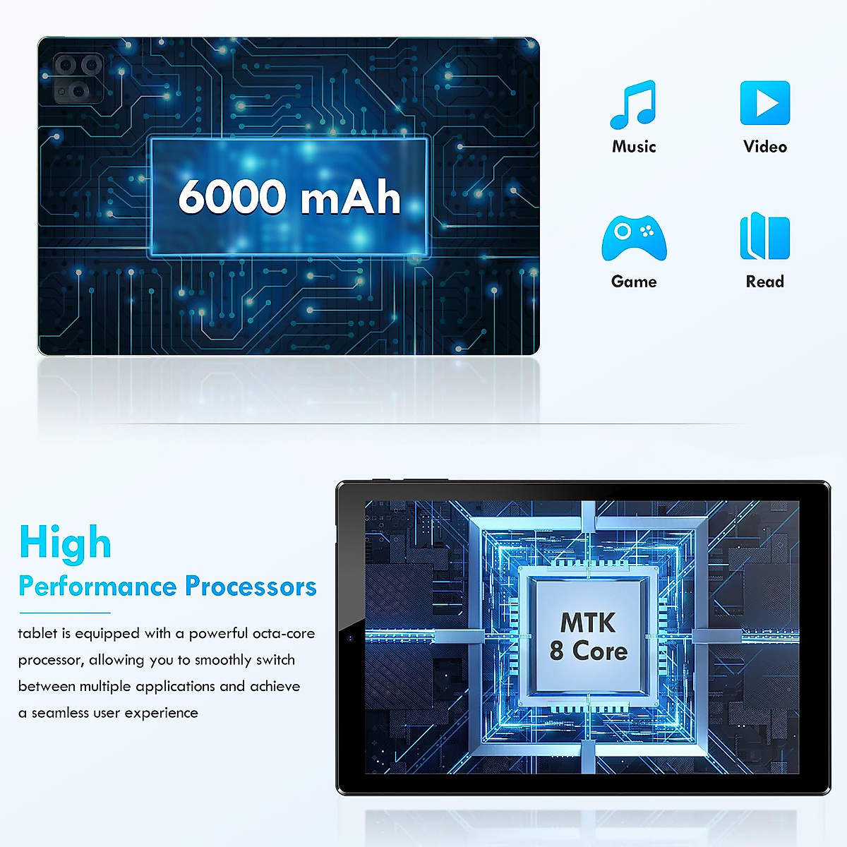 BRILLAR 10 inch Android Tablet, 6 GBRAM+128GB ROM 1TB Expandable, 8-core Processor, Dual SIM Card Slots, IPS HD Touchscreen and Dual Speakers, 13MP Camera, 6000mAH Long Battery Life, Black