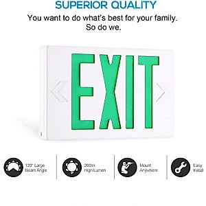EXITLUX 2 Pack Green Led Emergency Exit Lights with Battery Backup-UL Listed 120/227VAC Double Face- Exit Sign with Emergency Lights-Plug in Emergency Battery Exit Lights.