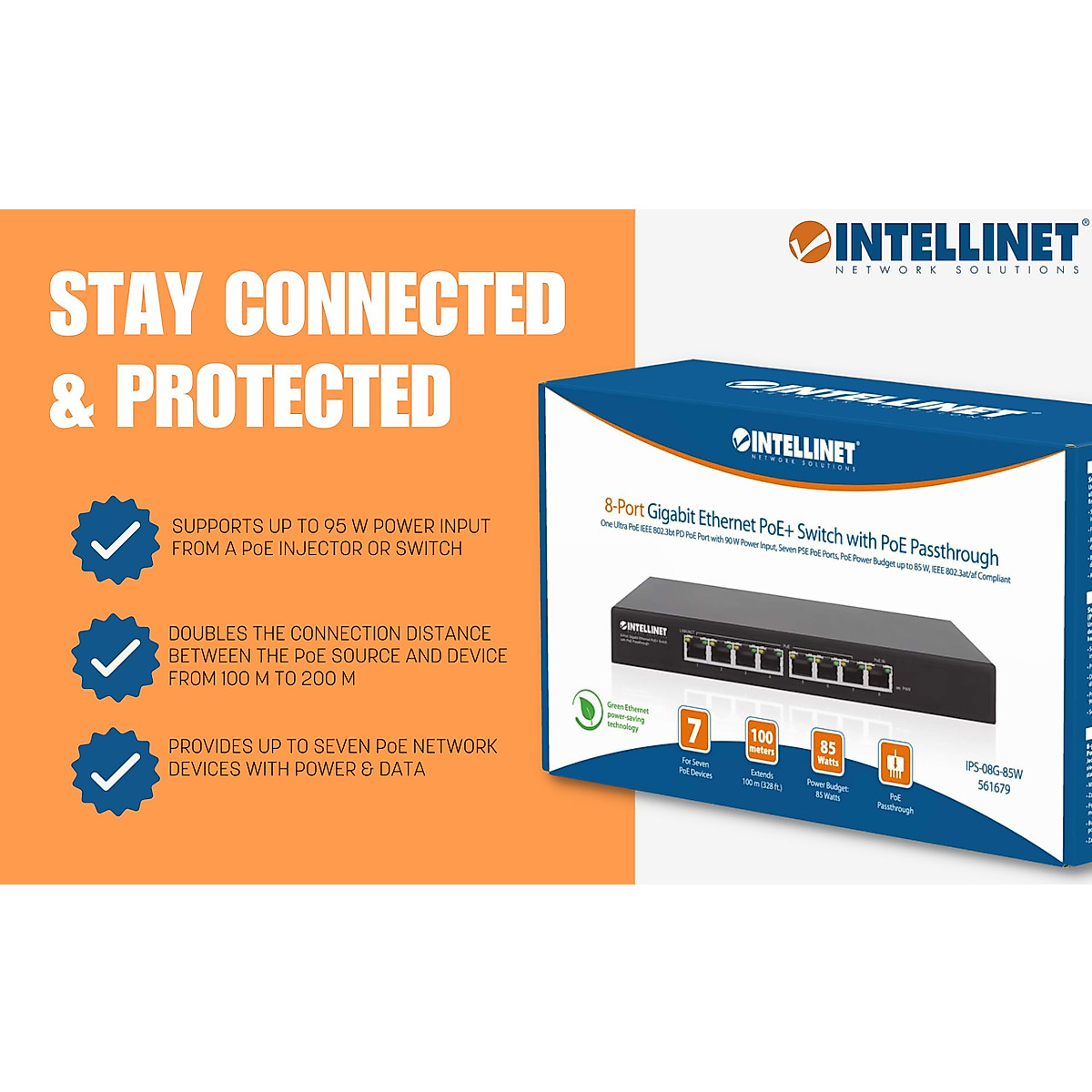 Intellinet 8-Port Gigabit Ethernet PoE+ Switch with PoE Passthrough - 85W PoE Budget, 30 W per Port, 16 Gbps Switch Fabric - 3 Yr Mfg Warranty-561679