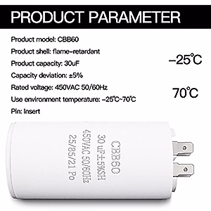 30UF CBB60 Motor Run Capacitor, 450VAC 50/60HZ Cylindrical Capacitor for Motor Run, Washing Machines, Air Conditioners and Water Pumps