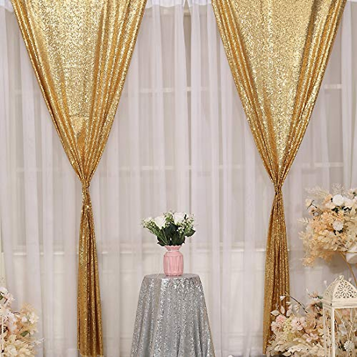 SquarePie Sequin Curtain 2 Panels 2FT x 8FT Gold Backdrop for Wedding Party Christmas