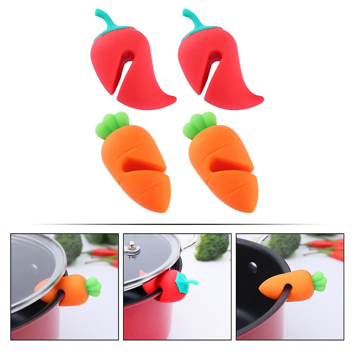 Cabilock 4Pcs Spill- proof Lid Lifter Silicone Lid Lifts Carrot Chili Kitchen Pot Lid Holders Lid Stand Heat Resistant Holder Keep The Lid Open