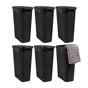 Mind Reader 40L Slim Laundry Hamper, Clothes Basket, Lid, Wicker Design, Plastic, 18"L x 10.4"W x 23.5"H, Set of 6, Black