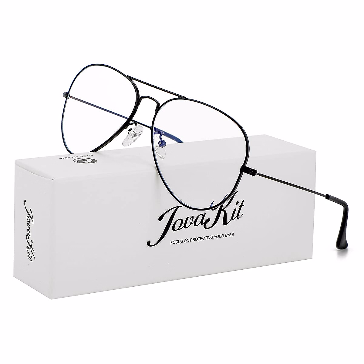 JOVAKIT Aviator Clear Lens Glasses for Women Men Non-prescription Eyeglasses Blue Light Blocking Lens Metal Frame (Black)