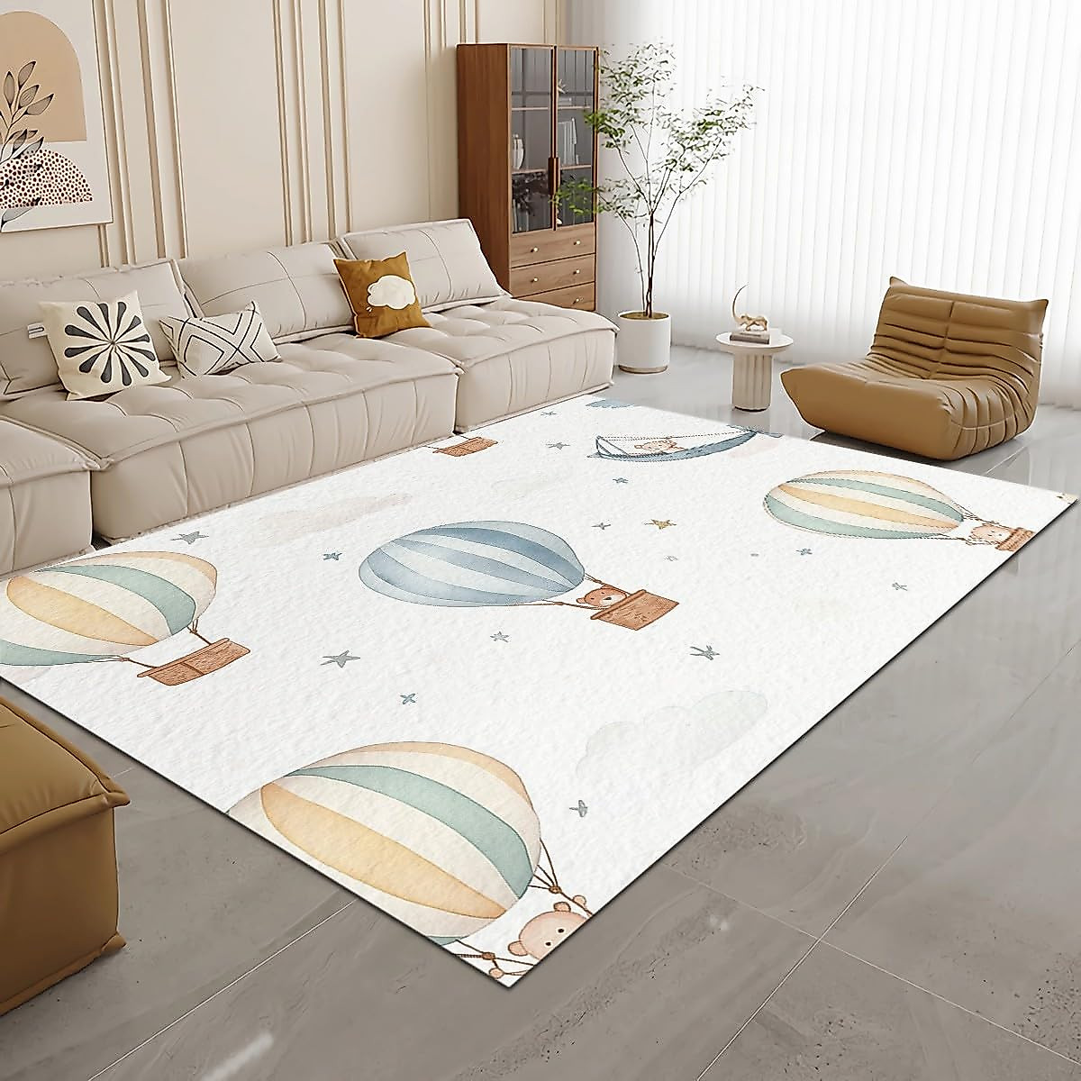 Cartoon Hot Air Balloon Area Rug for Living Room, Bedroom Rugs 7x8 ft White Washable Carpet, Soft Fluffy Rug Non Skid Home Office Decor Large Carpet