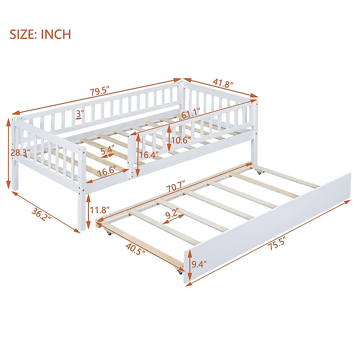Harper & Bright Designs Twin Size Daybed with Trundle, Wood Kids Twin Platform Bed Frame with Rails, No Box Spring Needed, Easy Assembly (White)