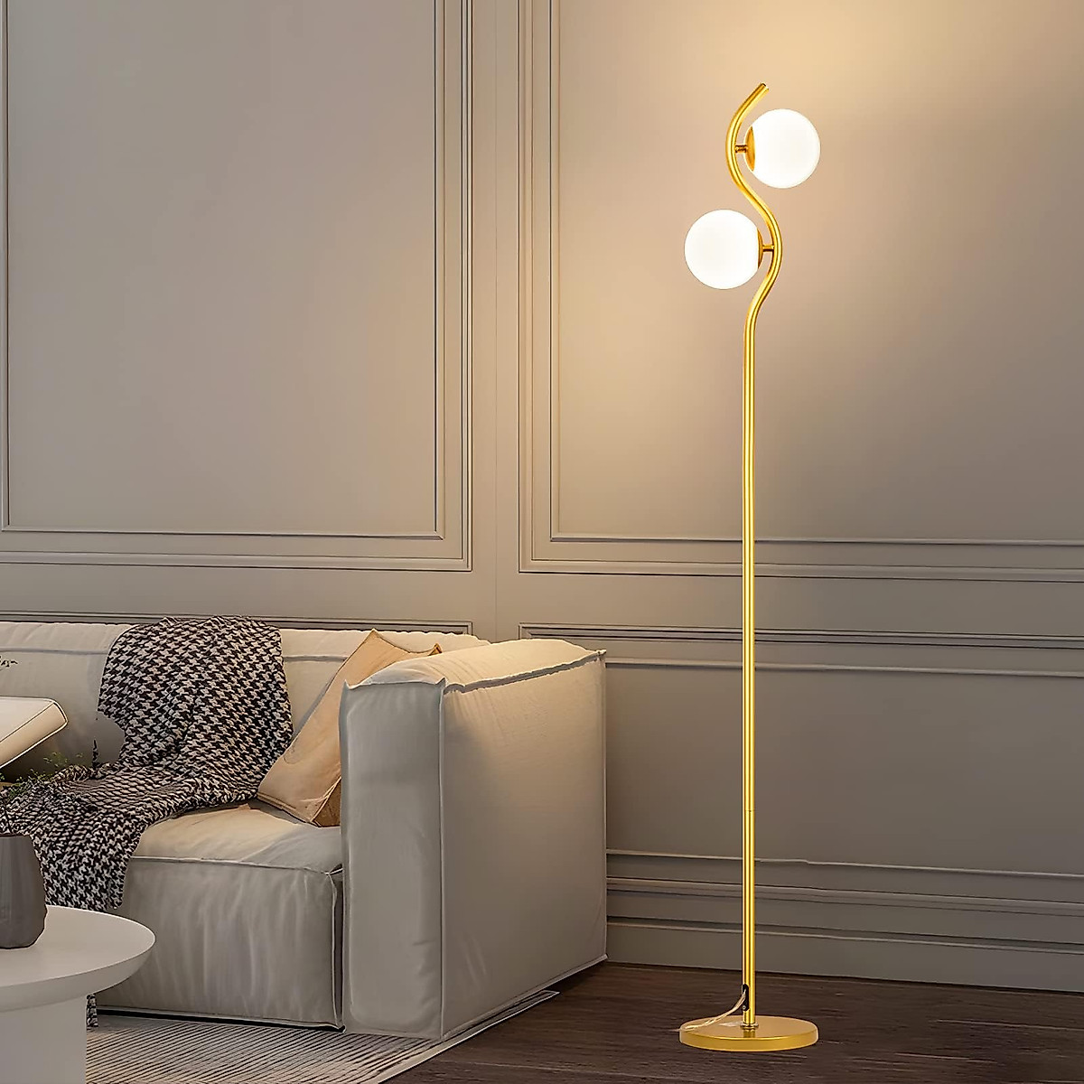 Lightdot 61IN Gold Floor Lamp, Globe Standing Lamp with 2PCS 3000K G9 Bulbs Soft Warm White Eye Care, Mid Century Modern Floor Lamp for Living Room Bedroom Home Decor