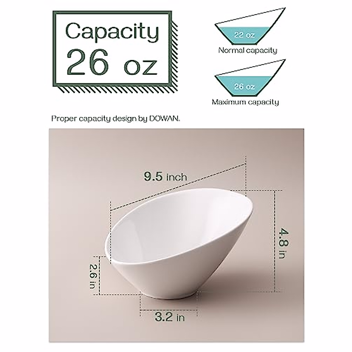 DOWAN 26 OZ Salad Bowls 2 Packs - 9.5" Large Serving Bowls - Angled Bowls for Salad, Pasta, Fruit, Macaroni, Taco, Sauces - Slanted Curve Bowls for Restaurant, Party, Daily Use, Wedding, Anniversary