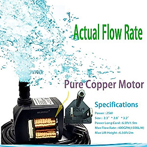 MKUPERFECT Submersible Water Pump for Fountains, Ponds,Fish Tanks, and Hydroponics - Quiet with 400GPH Flow Rate