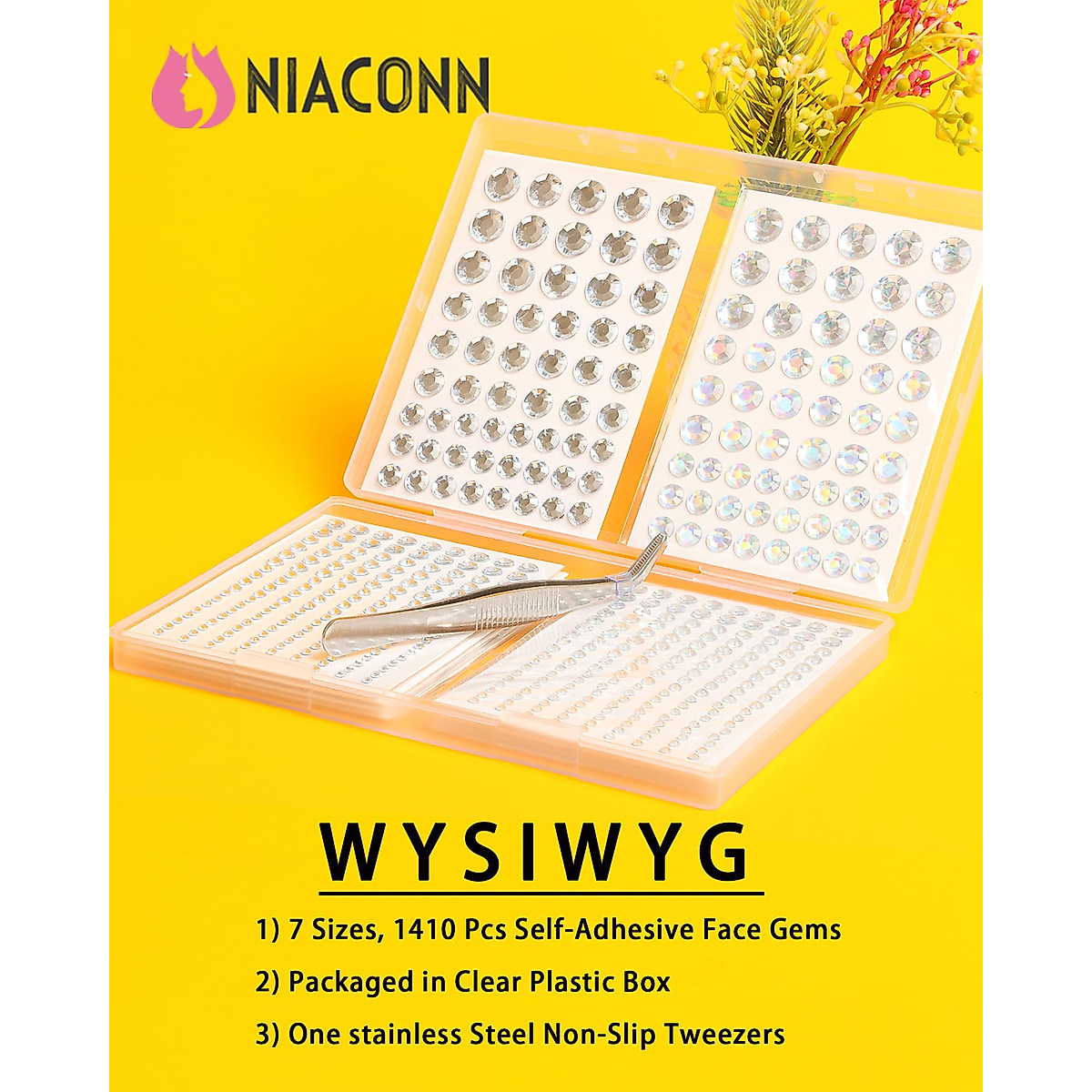 NIACONN Silver Face Jewels Gems Stick on, 10 Sheets/1410 Pcs Self Adhesive Rhinestone Hair Gems Stickers for Makeup & DIY- Silver