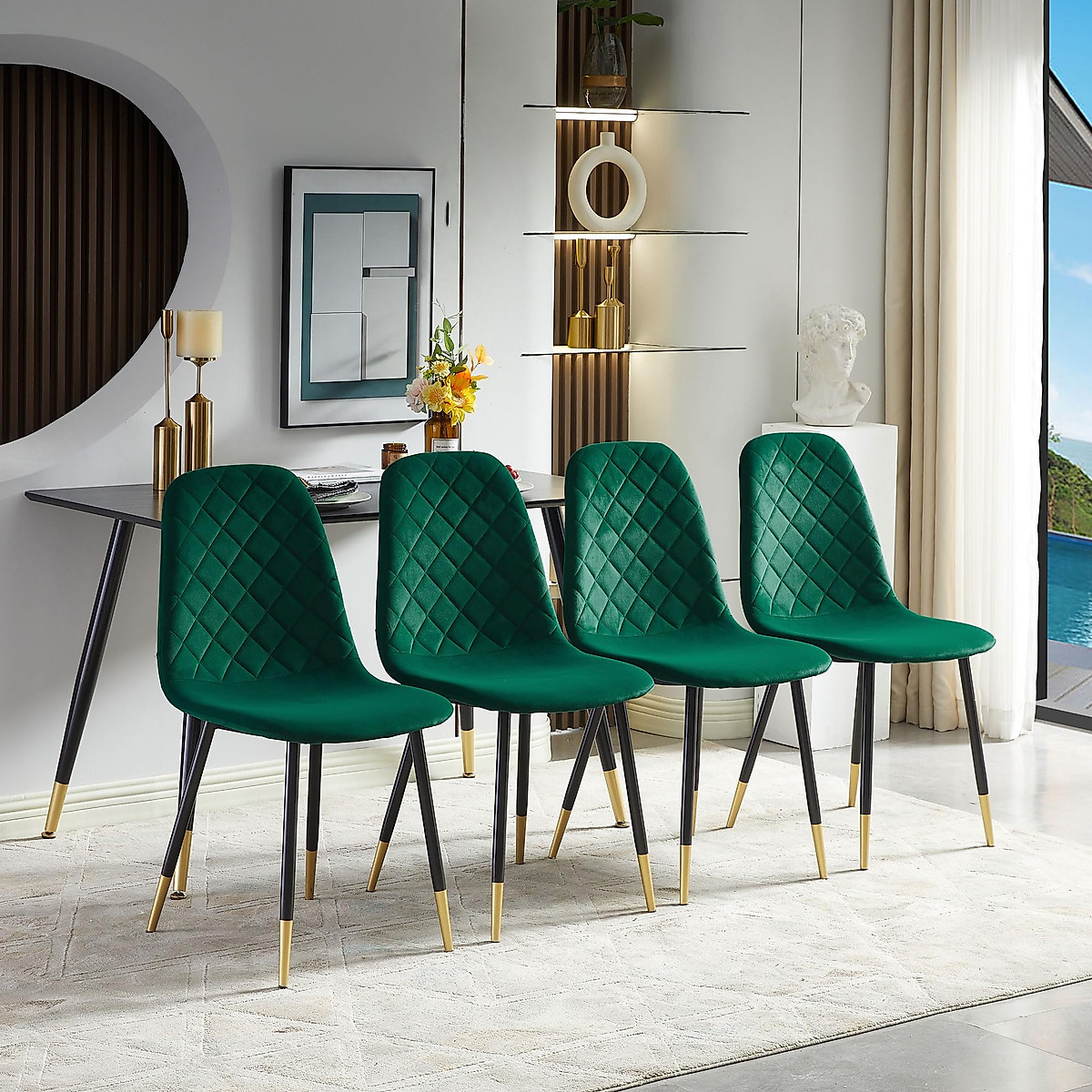NORDICANA Velvet Dining Chairs Kitchen Plain Color Chair Upholstered Side Stools with Backrest Metal Legs Set of 4, Kelly Green