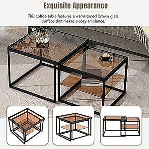 Modern Nested Coffee Table Set with High-Low Combination Design,Adjustable 2 Tier Living Room Center Table and end Table with Metal Frame and Brown Tempered Glass. (Black~Metal Frame)