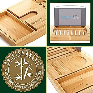 SereneLife Luxury Bamboo Bathtub Caddy Tray - Adjustable Natural Wood Bath Tub Organizer with Wine Holder, Cup Placement, Soap Dish, Book Space & Phone Slot for Spa, Bathroom & Shower SLBCAD20