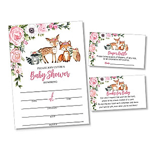 All Ewired Up 25 Girl Woodlands Floral Greenery Baby Shower Invitations (Large Size 5X7 inches) and 50 Pack Watercolor Girl Woodland Greenery Thank You Cards